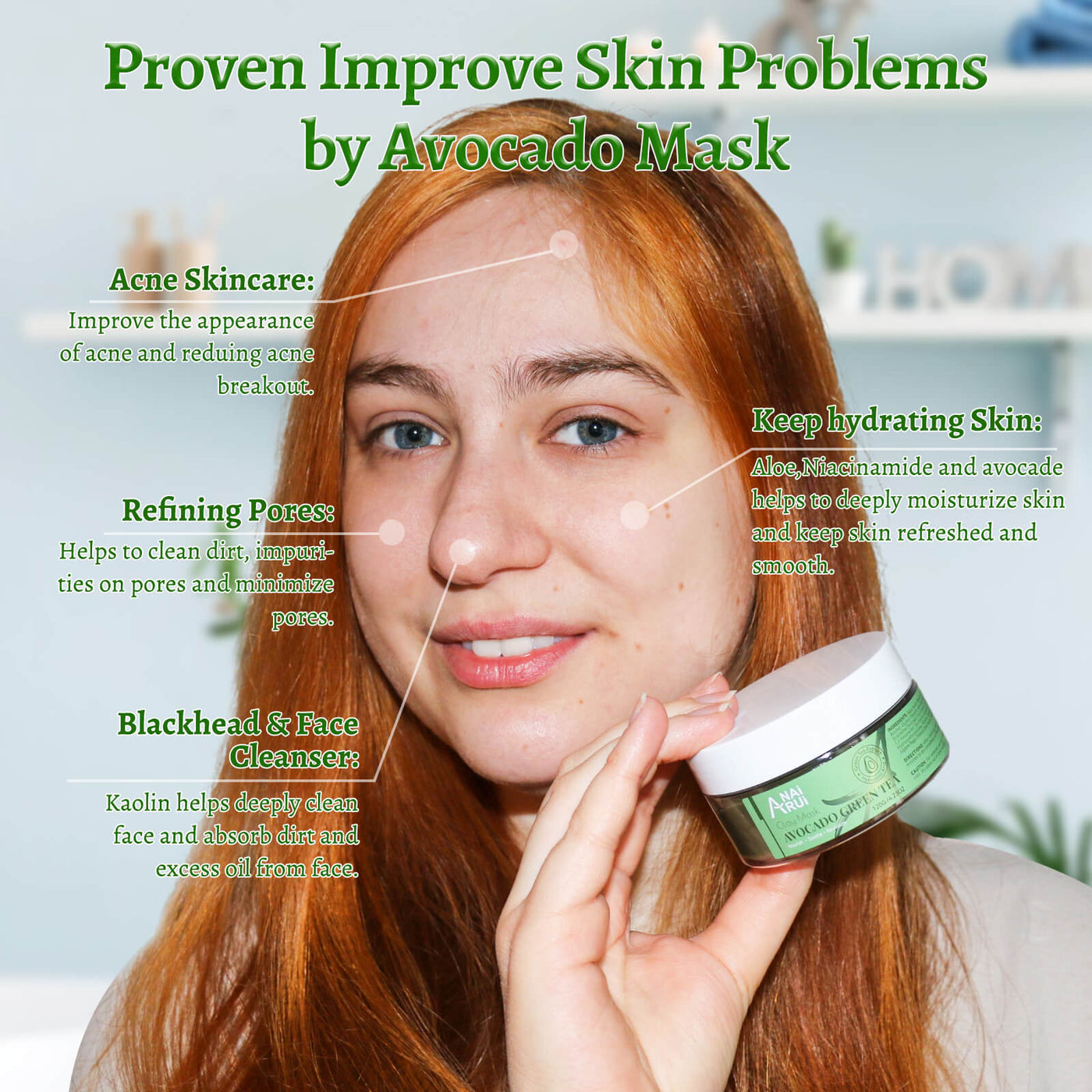 ANAIRUI Avocado Clay Face Mask with Green Tea for Cleansing, Moisturizing