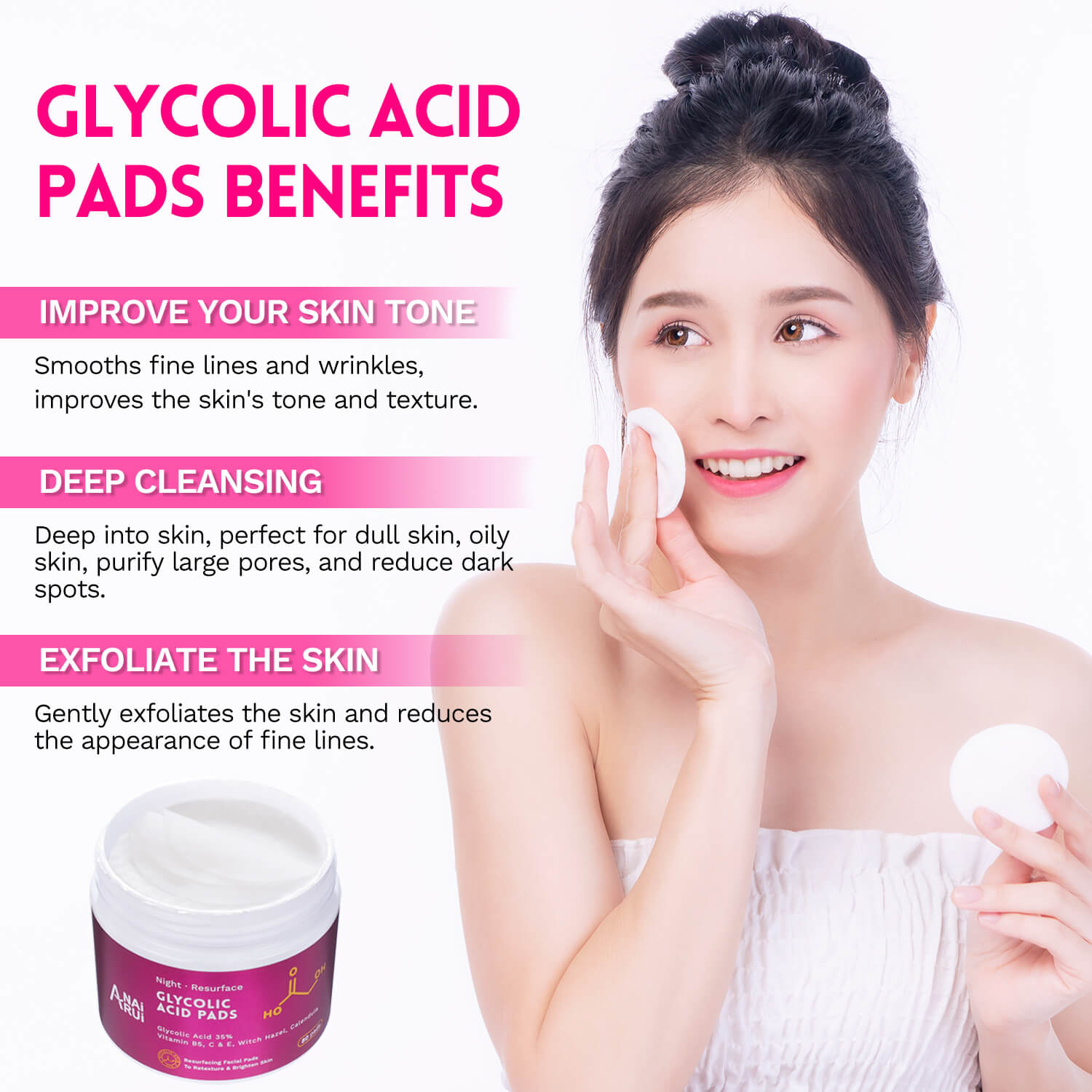 ANAIRUI 35% Glycolic Acid AHA Facial Peel Pads for Exfoliating Dark ...